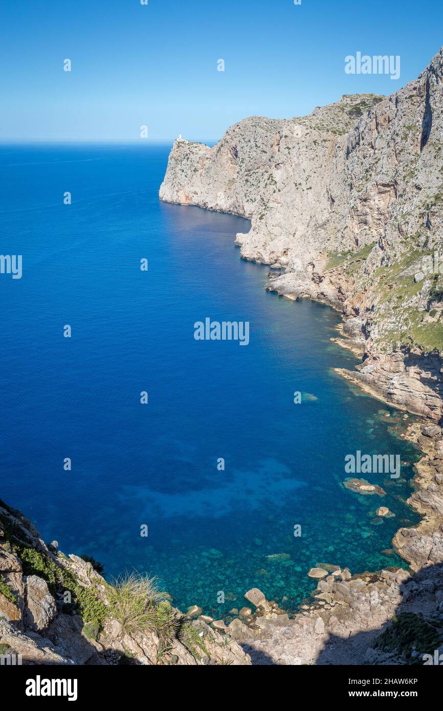 Panoramic view of rocky cliff with Cap Formentor and lighthouse ...