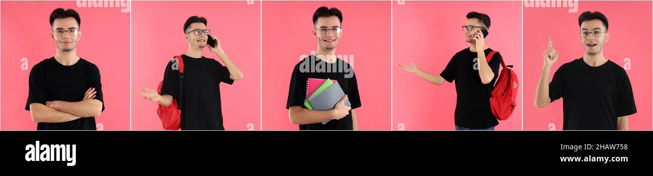 Collage of attractive male student on pink background Stock Photo - Alamy