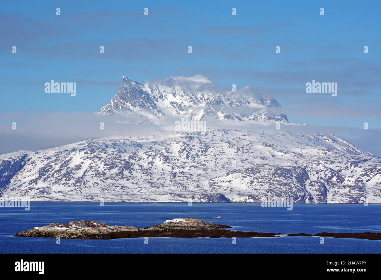 Rugged, snowy mountain landscape, fjord, small islands, Nuuk, Arctic ...