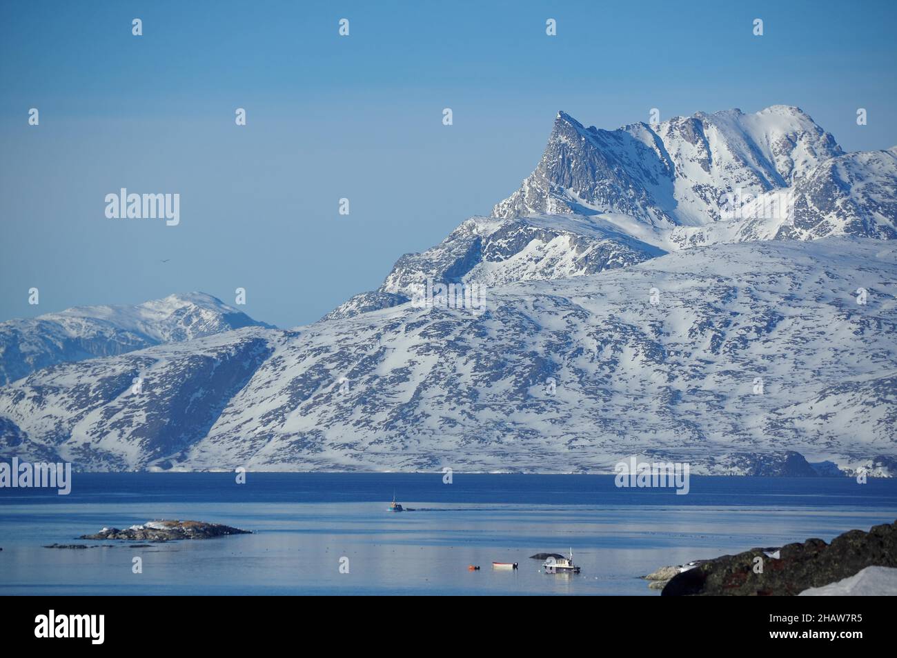 Rugged, snowy mountain landscape, small islands, Nuuk, Arctic, North ...