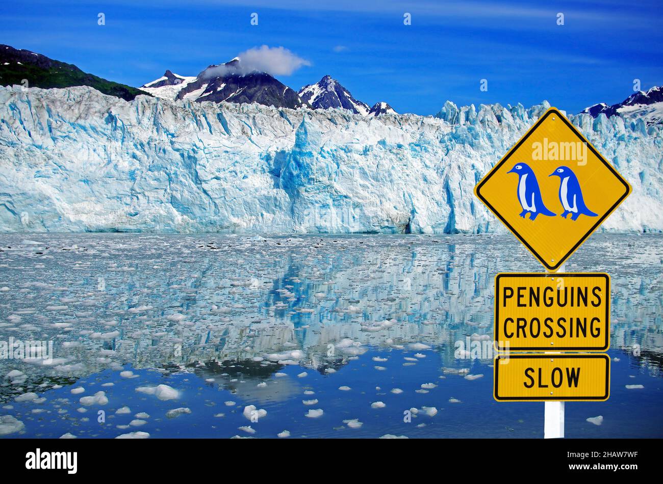 Traffic sign warning of crossing penguins, ice front of a glacier ...