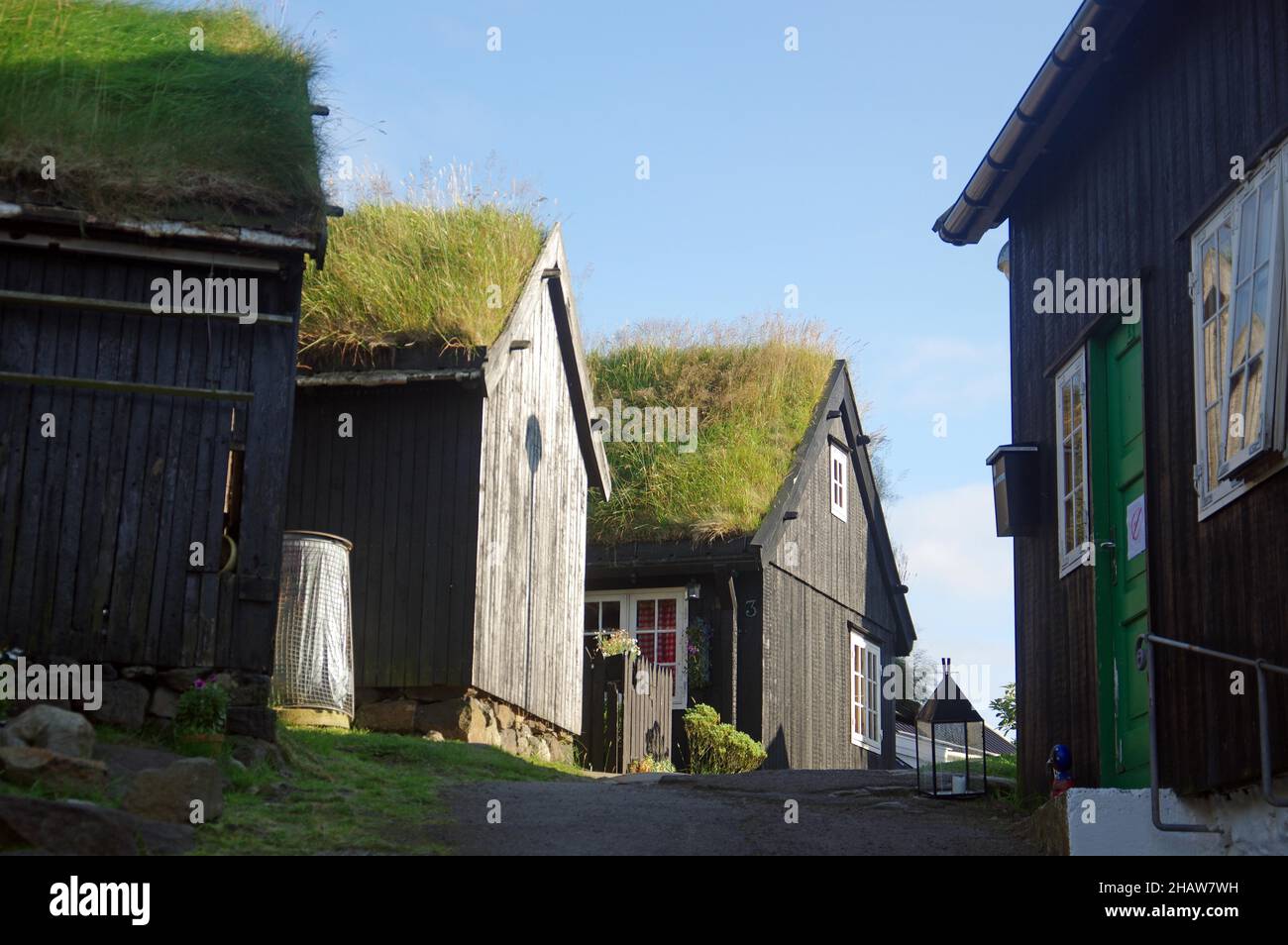 Wooden houses with grass roofs in the old centre, Torshavn, Streymoy ...