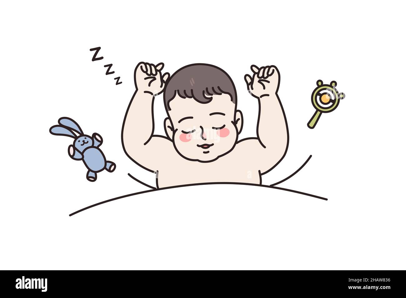 Cute healthy newborn baby sleep in bed with toys around. Little infant ...