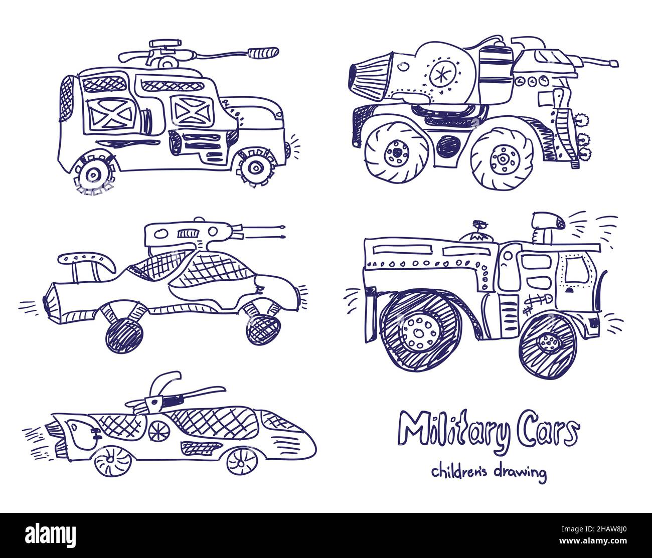Comic cartoons of military cars. Vector set. Really children's drawing ...