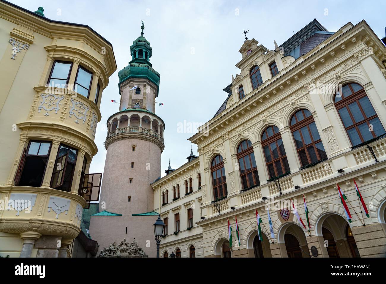 Sopron Main Square buildings with fire watch tower Stock Photo - Alamy