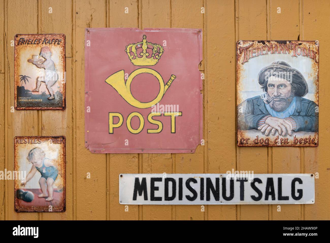 Signs on a Scandinavian wooden house, post sign, Nusfjord, Nordland ...
