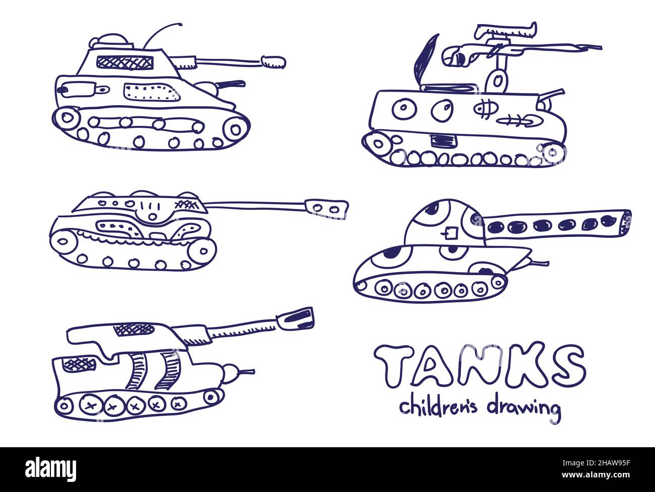 Comic cartoons tanks. Vector sketches set. Really children's drawing ...