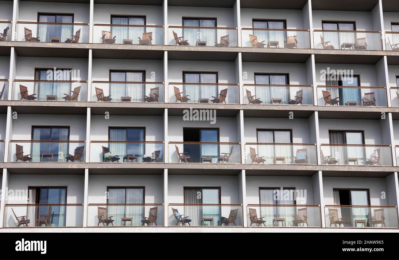 Modern high-rise facade with balconies, Punta Delgada, Sao Miguel ...