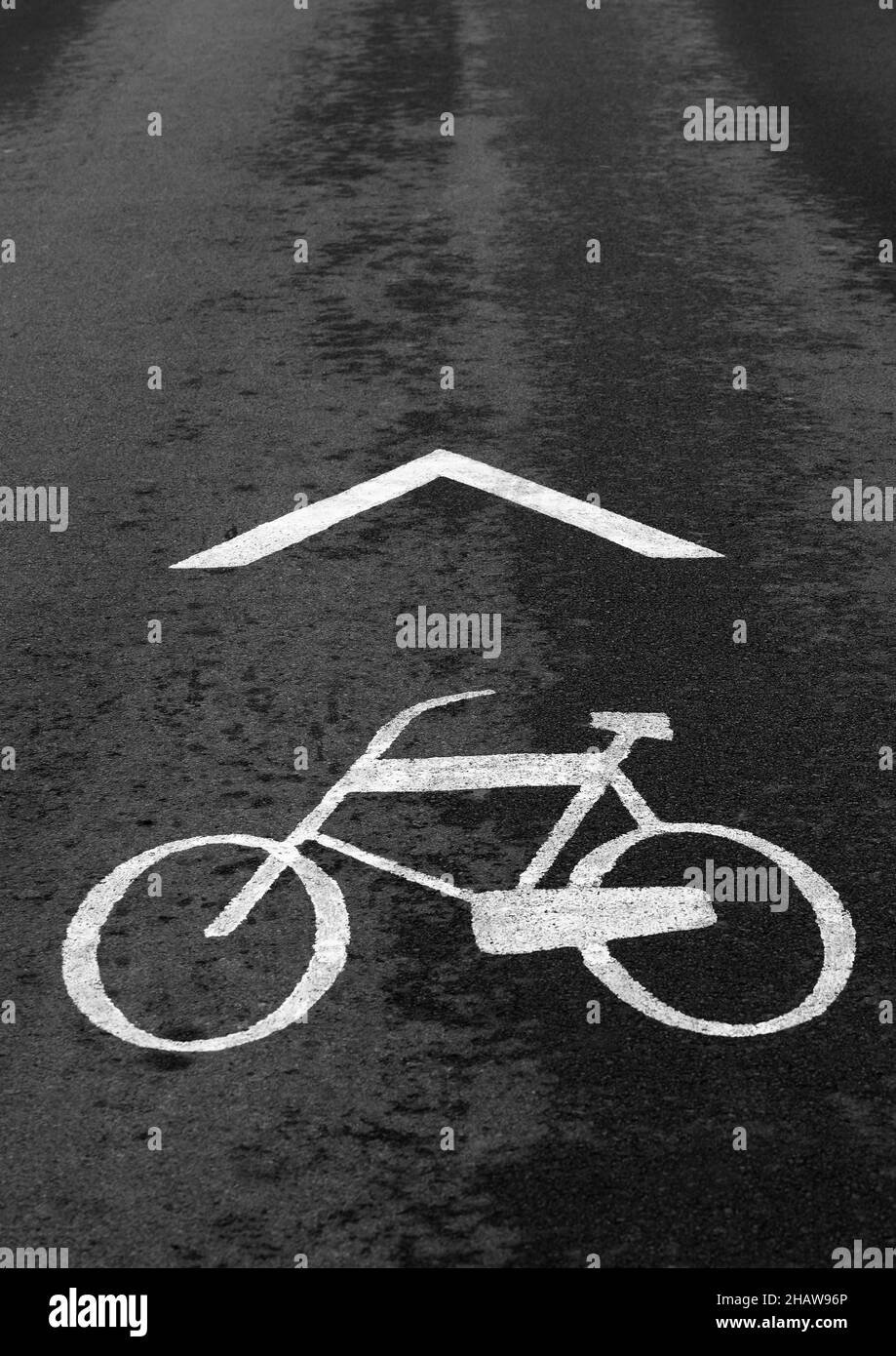 White cycle path marking on asphalt road, Ribeira Grande, Sao Miguel ...
