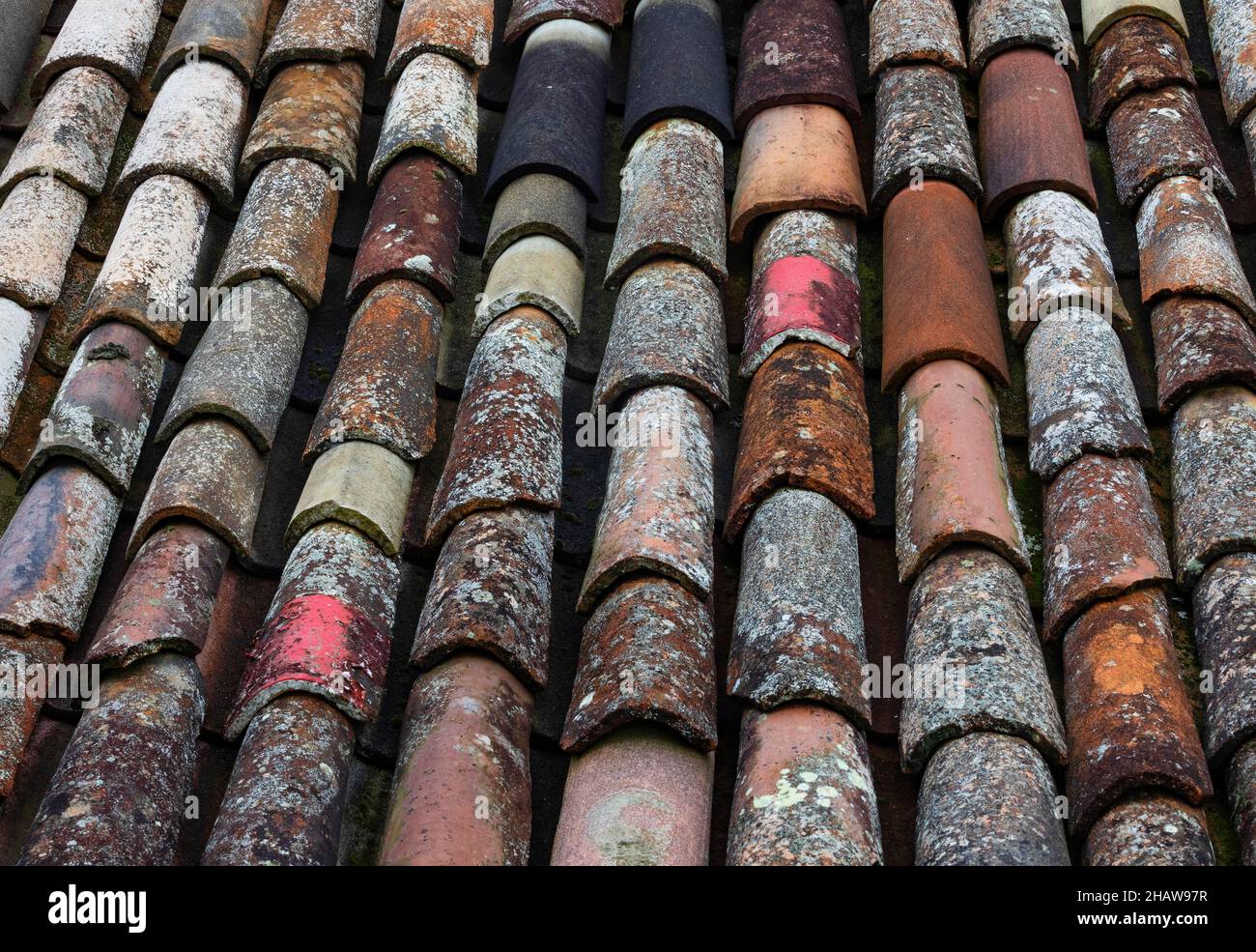 Old weathered different coloured roof tiles, Ribeira Grande, Sao Miguel ...