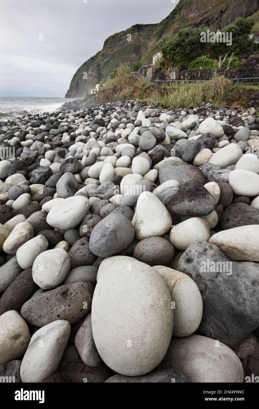 Coast with large round stones in Rocha da Relva, Sao Miguel Island ...