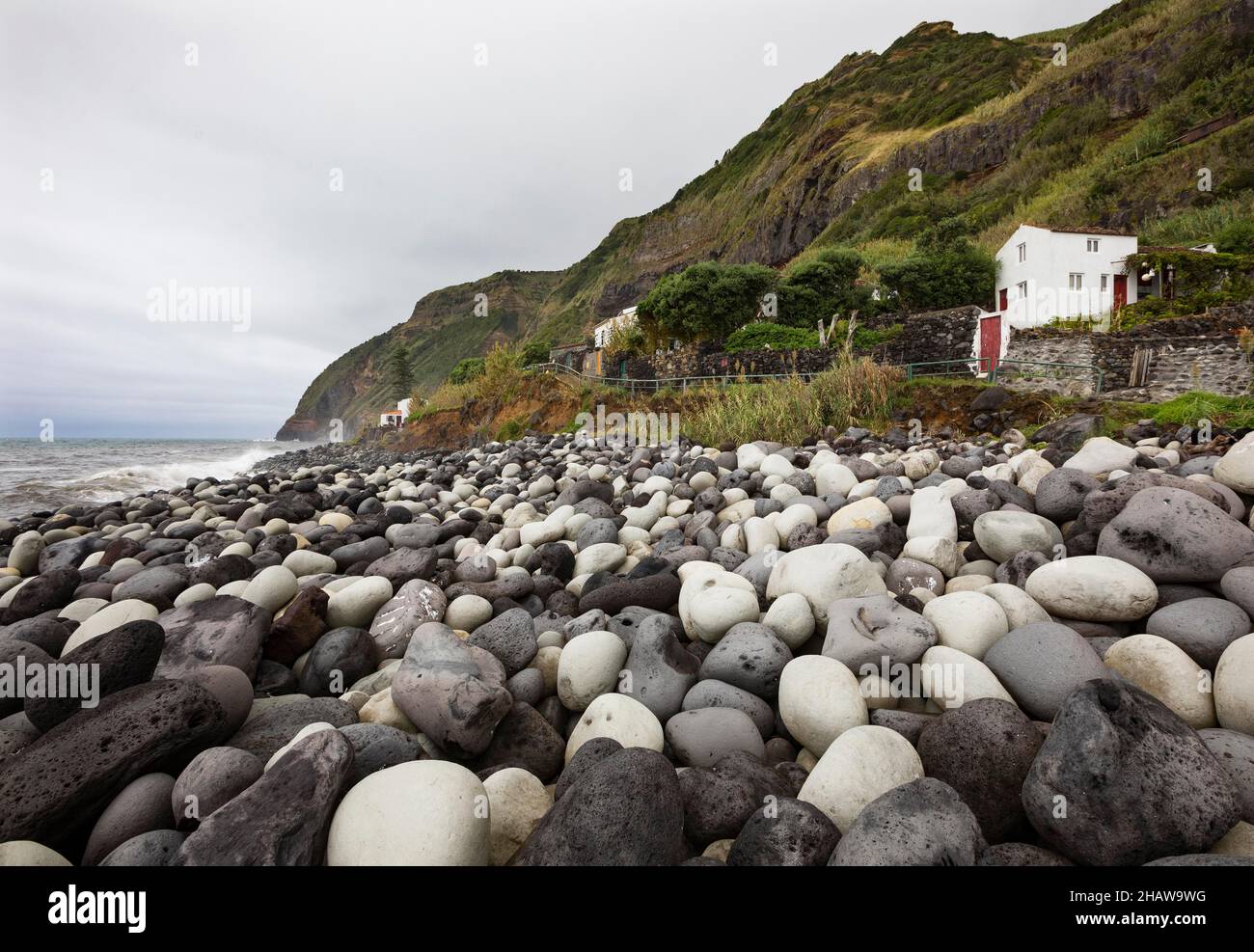 Coast with large round stones in Rocha da Relva, Sao Miguel Island ...