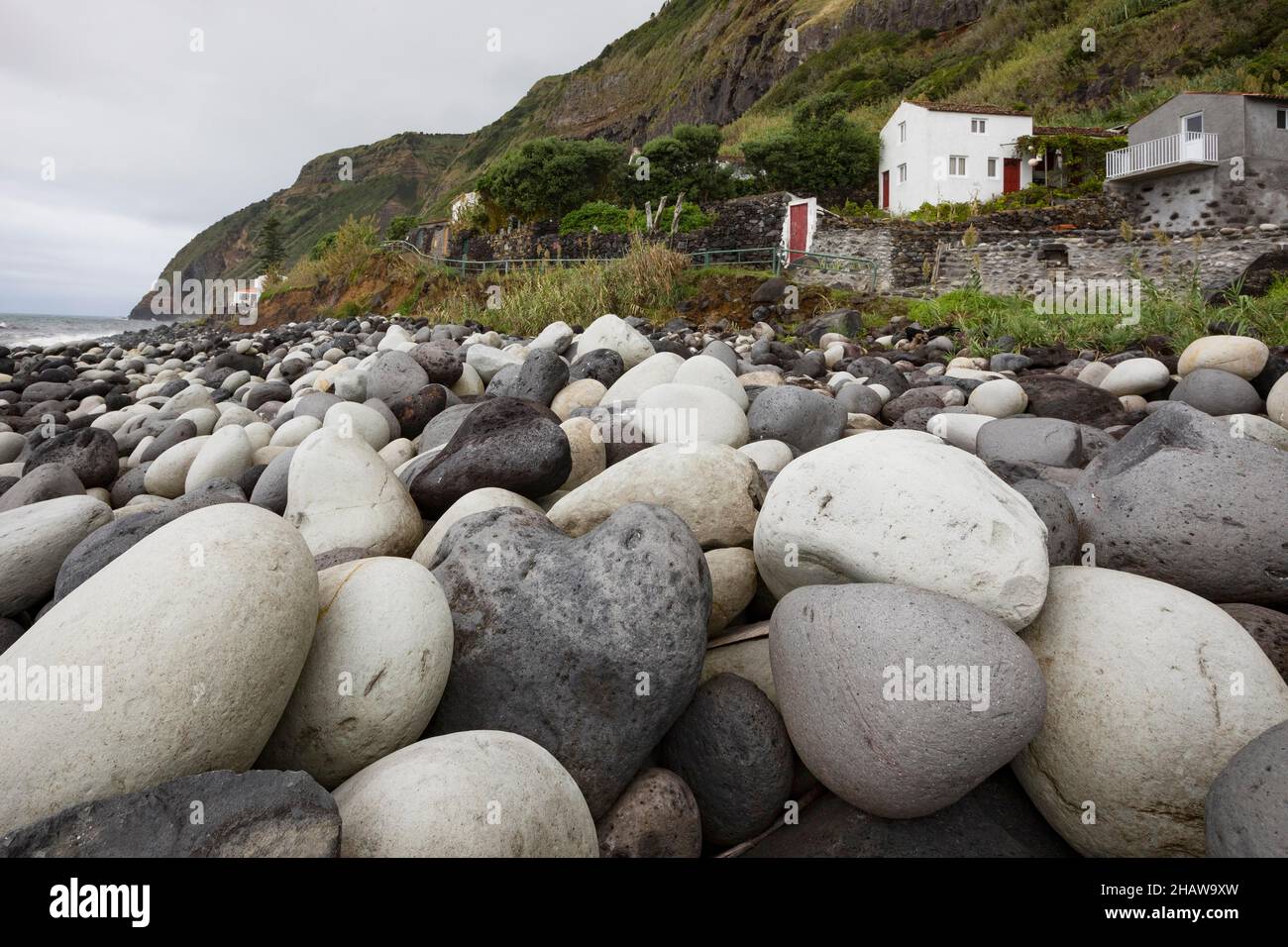 Coast with large round stones in Rocha da Relva, Sao Miguel Island ...