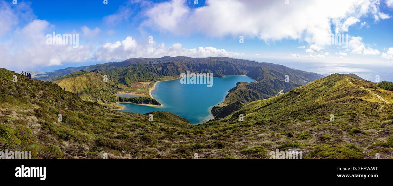 View from the summit of Pico Barrosa to the crater lake Lagoa do Fogo ...