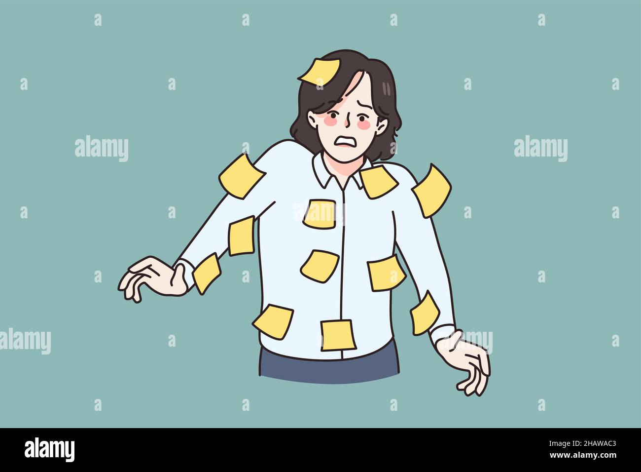 Stressed businesswoman covered in sticky notes on body overwhelmed with ...