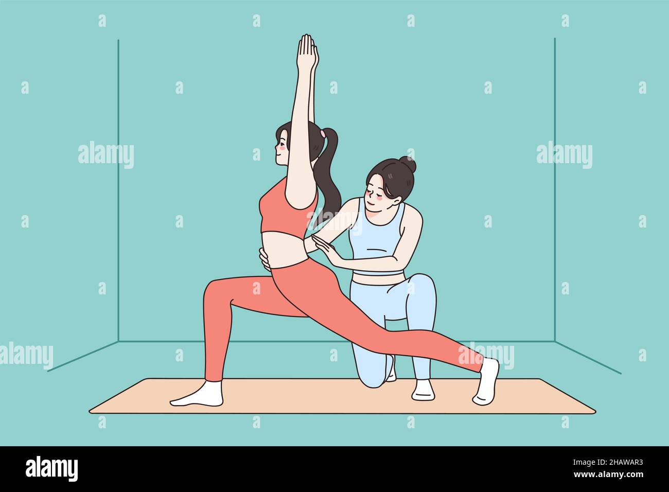 Trainer Help Female Client With Yoga Pose Exercise Together In Gym Or