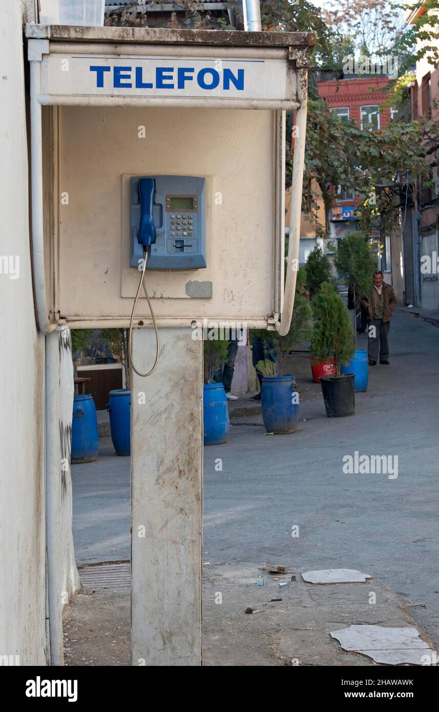 Open telephone box in the Eminoenue district, public telephone ...