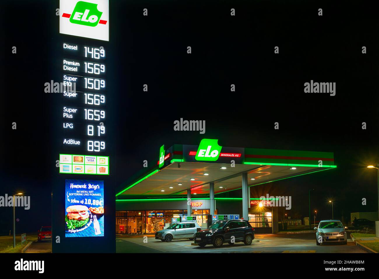 Illuminated petrol station at night, Bavaria, Germany Stock Photo - Alamy