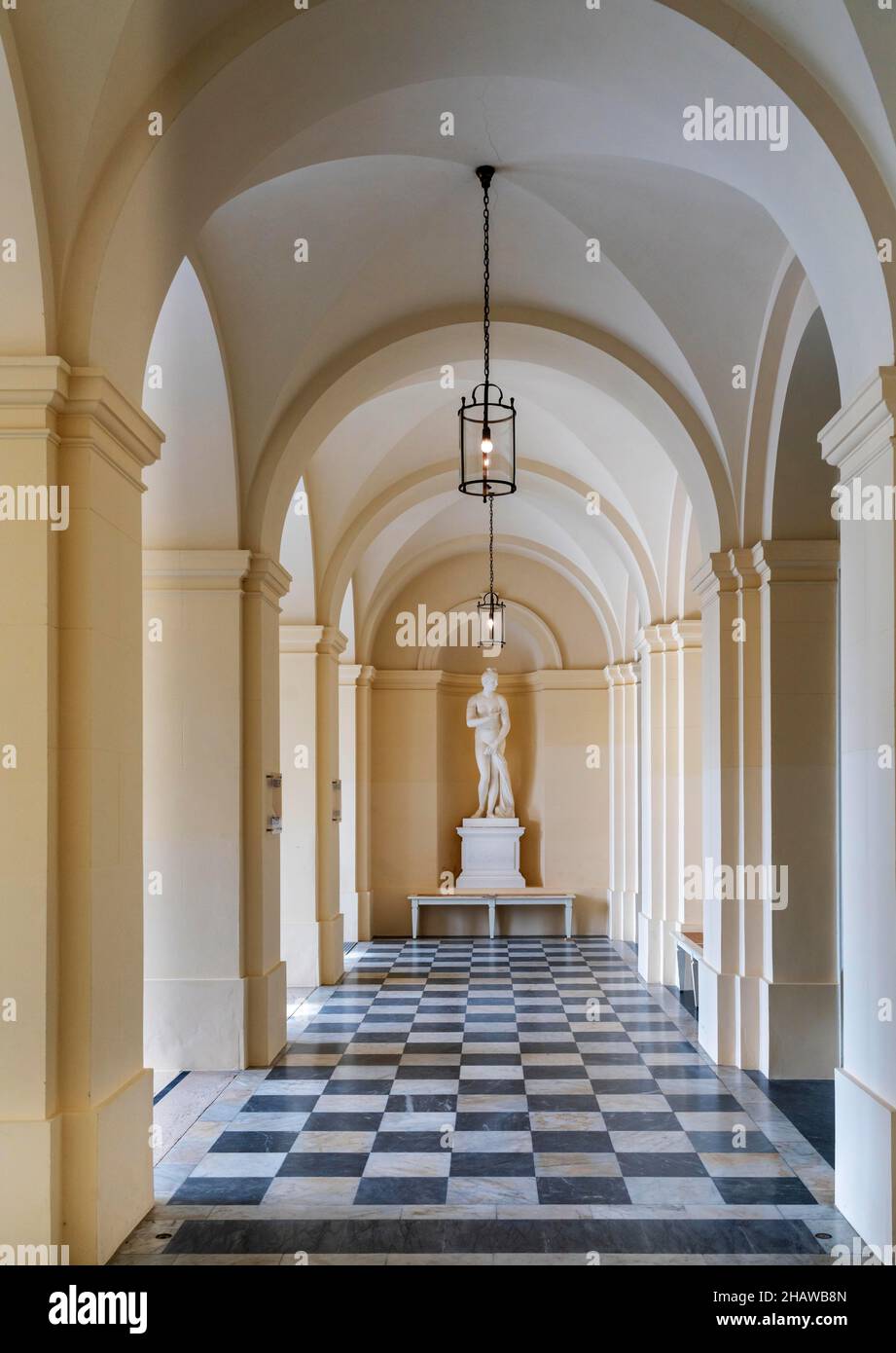 Long corridor with marble floor in the New Herrenchiemsee Palace on ...