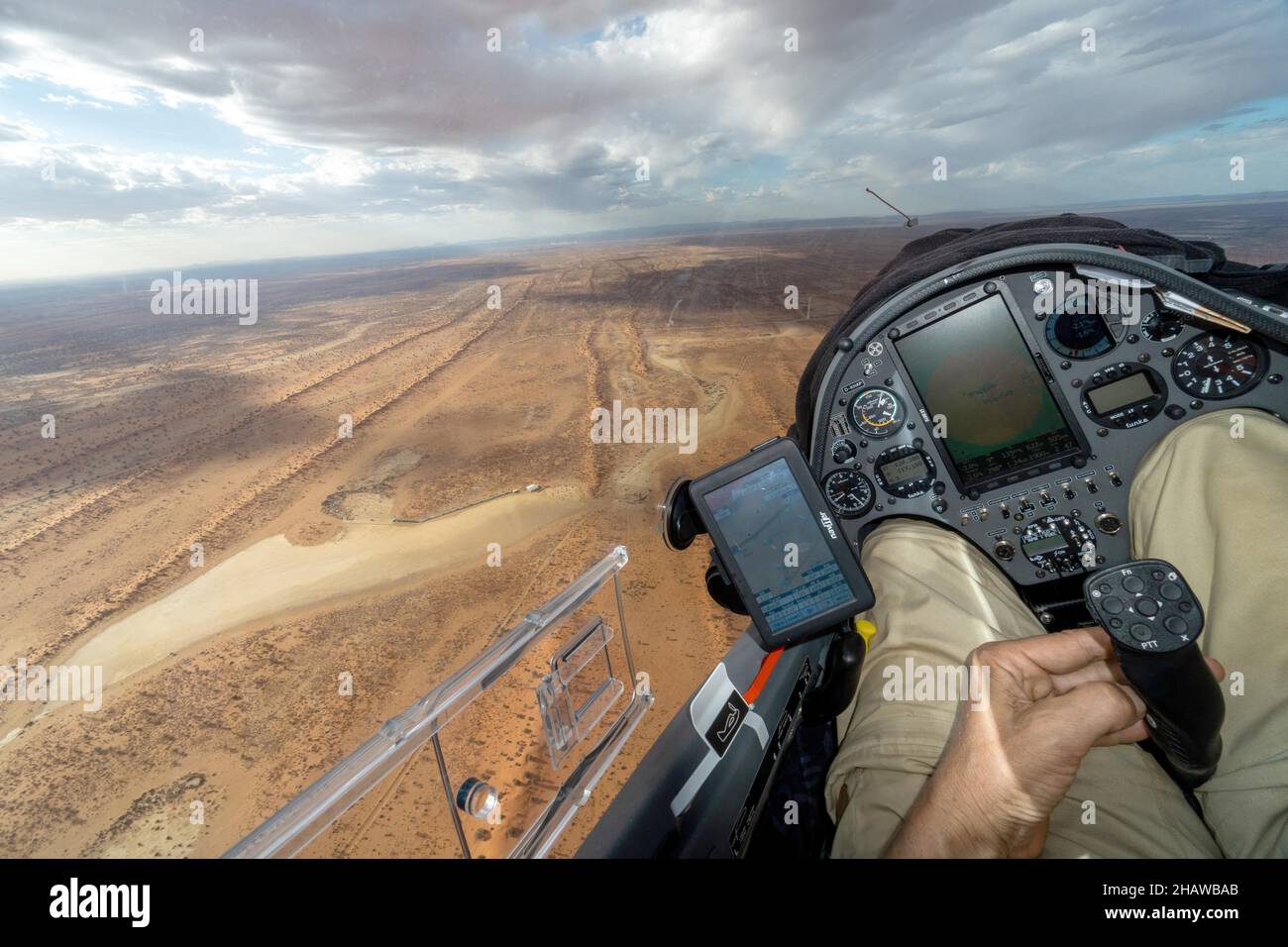 Cockpit of an aircraft, landing with a glider in the desert at Pokweni ...