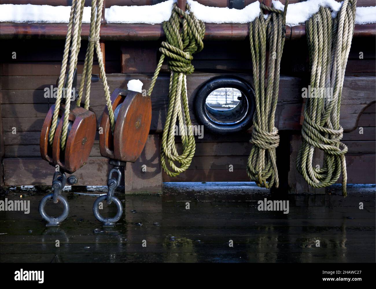Closeup of large ropes on an old sailing ship Stock Photo - Alamy
