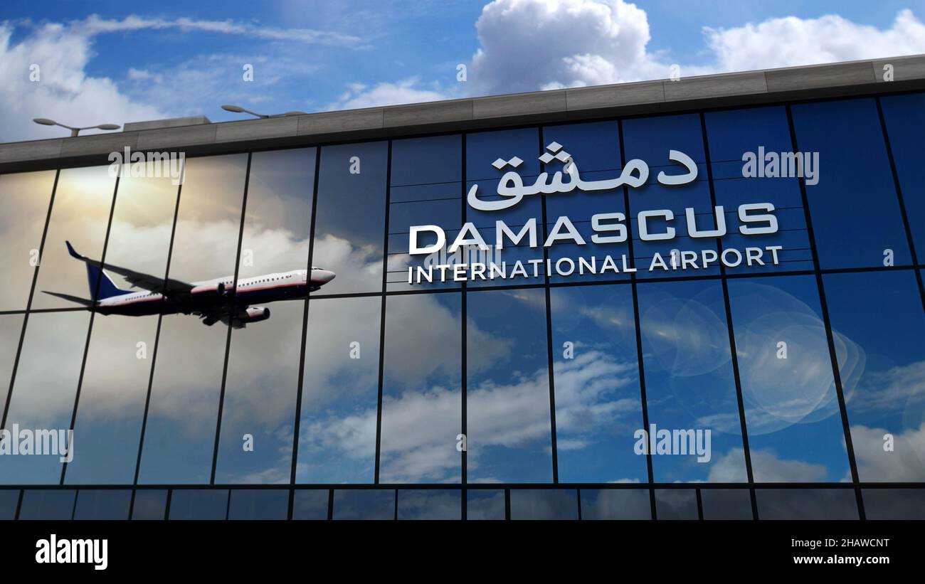 Aircraft landing at Damascus, Syria 3D rendering illustration. Arrival ...