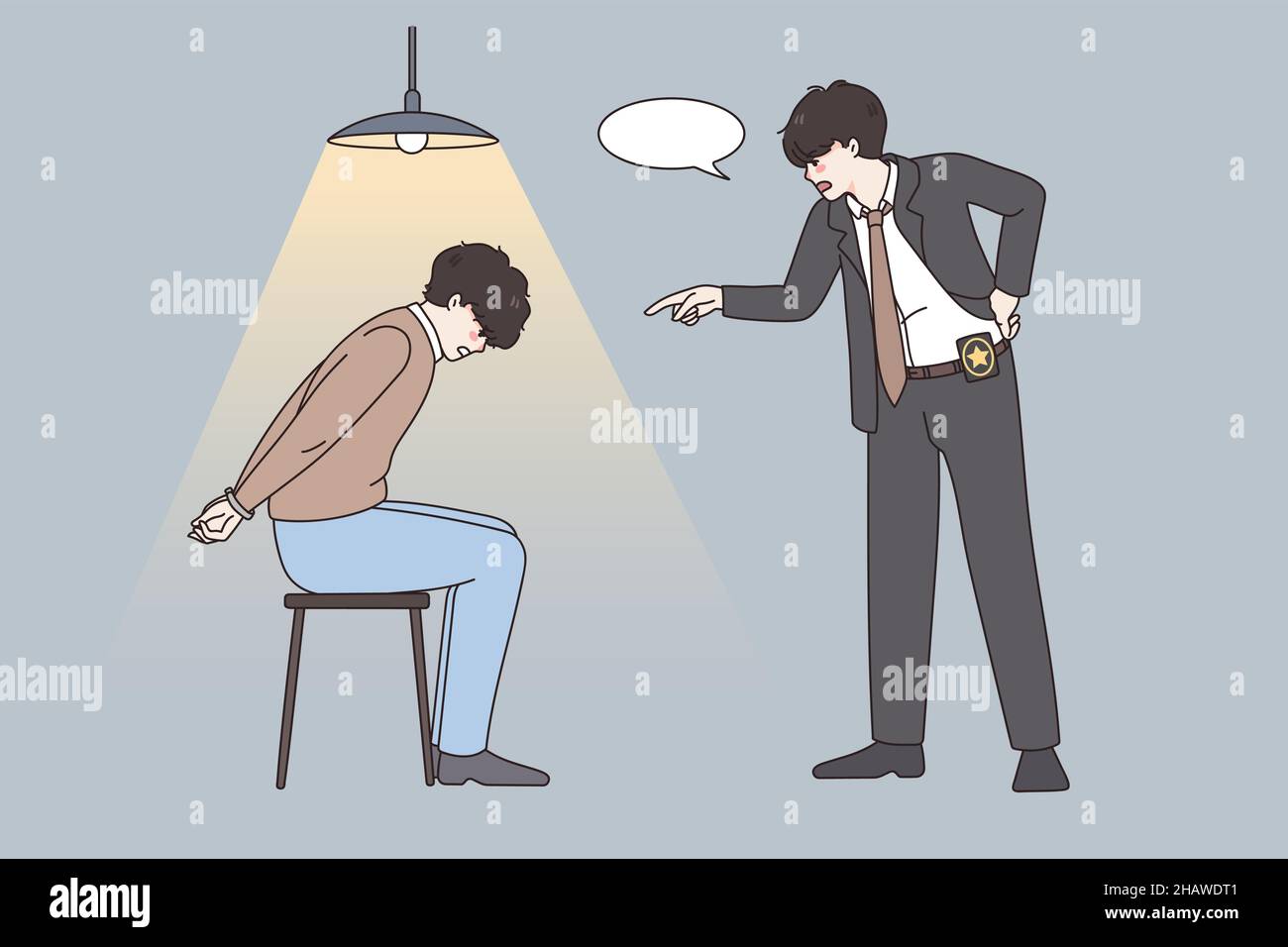 Police detective question interrogate criminal in handcuffs in ...