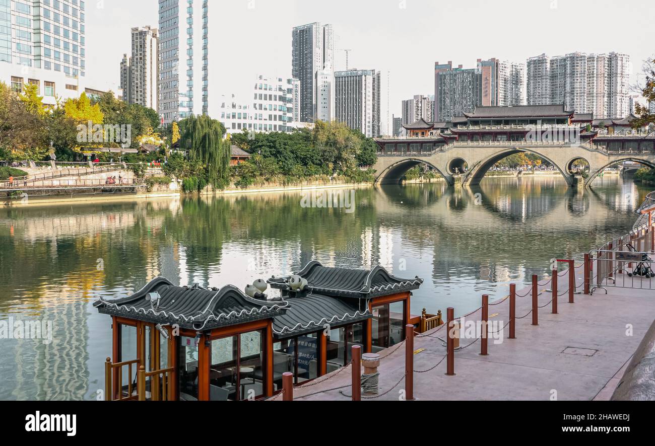 Tour Boat on Jinjiang River by Anshun Bridge, famous part of Chengdu, a ...