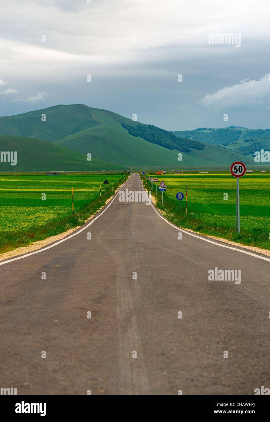 Vertical shot of an empty highway road with speed limits along an ...