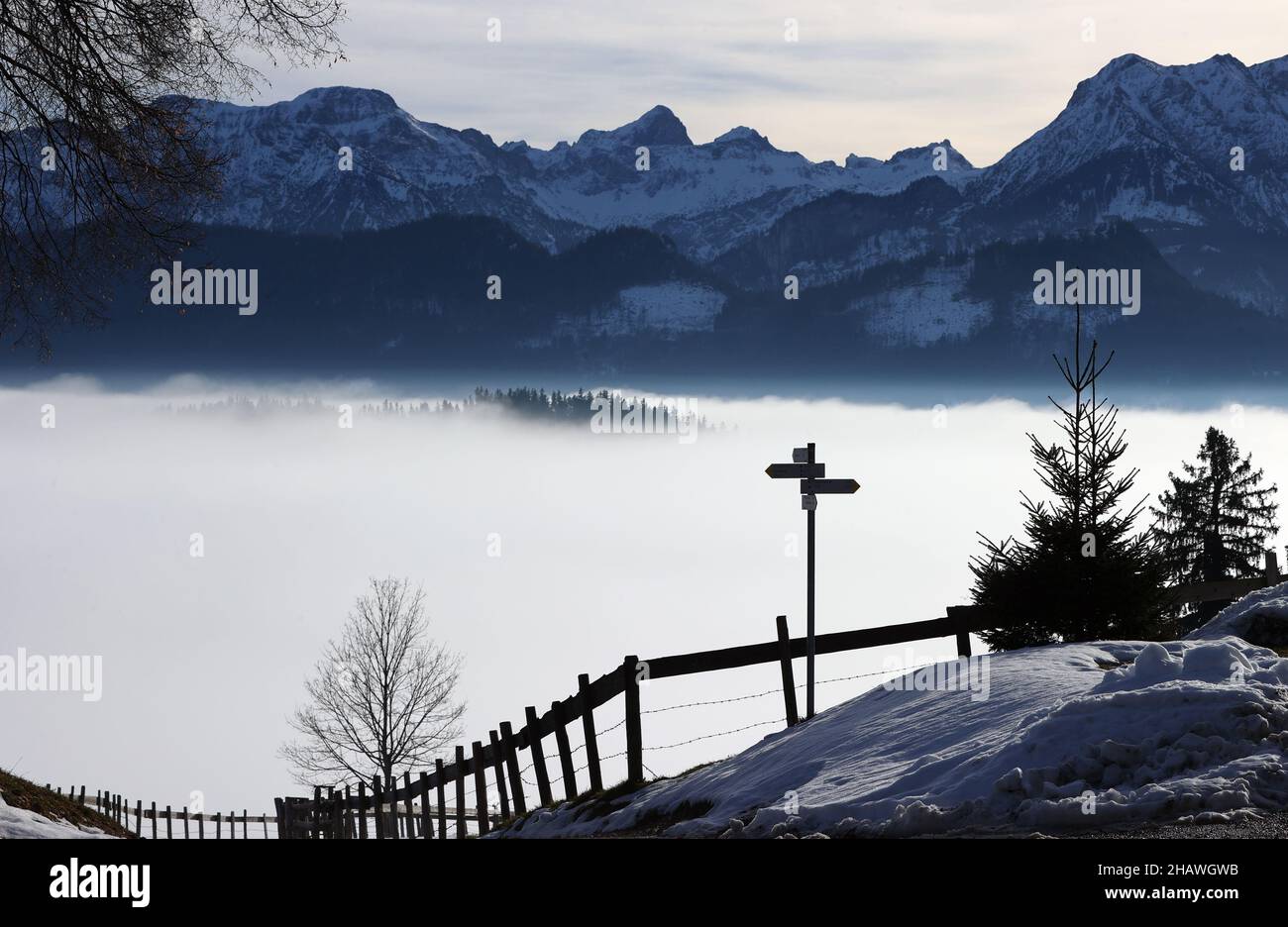 Pfronten, Germany. 15th Dec, 2021. The panorama of the Alps rises out ...