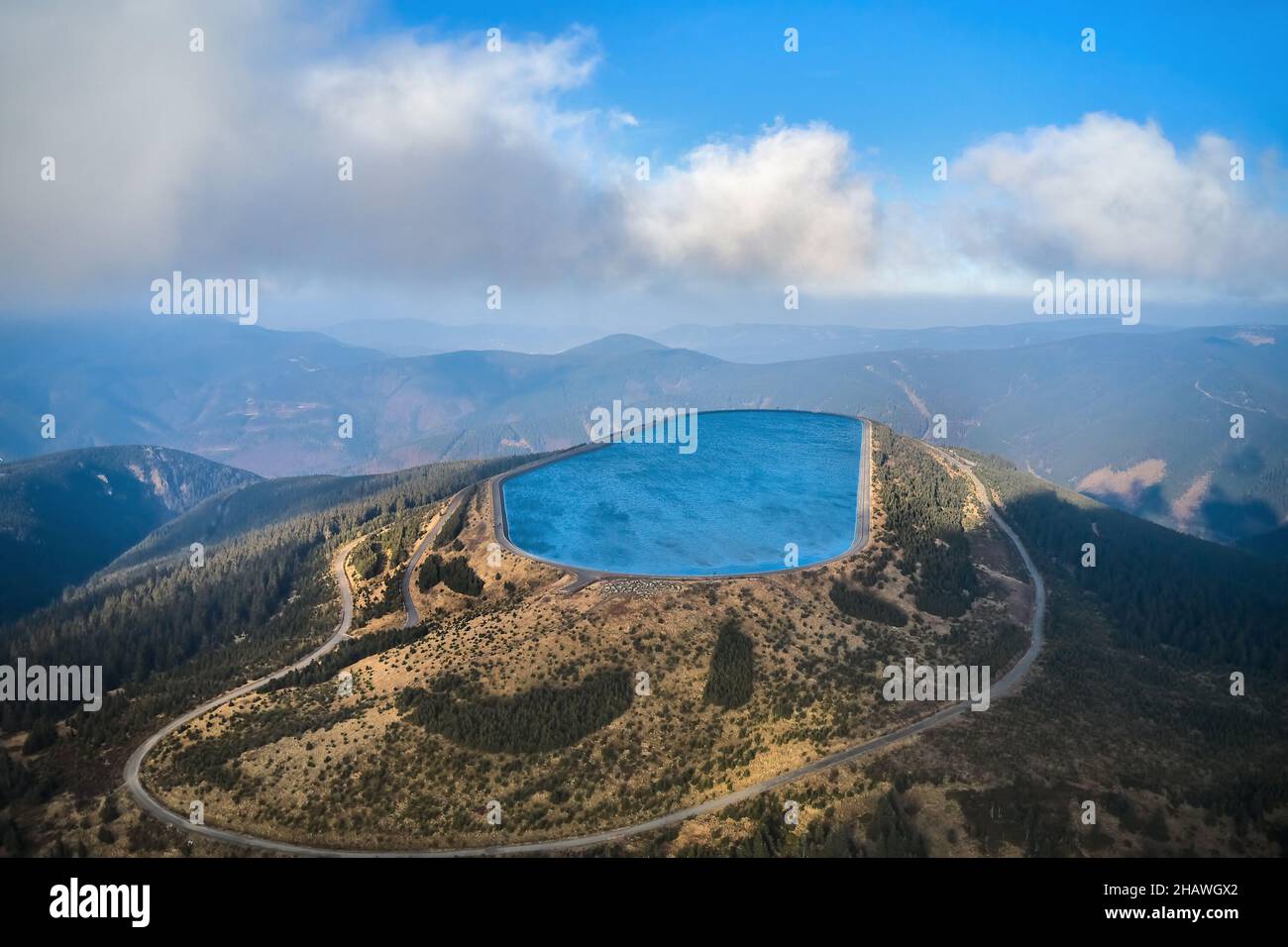 Pumped water storage hydroelectric plant reservoir aerial view Stock ...