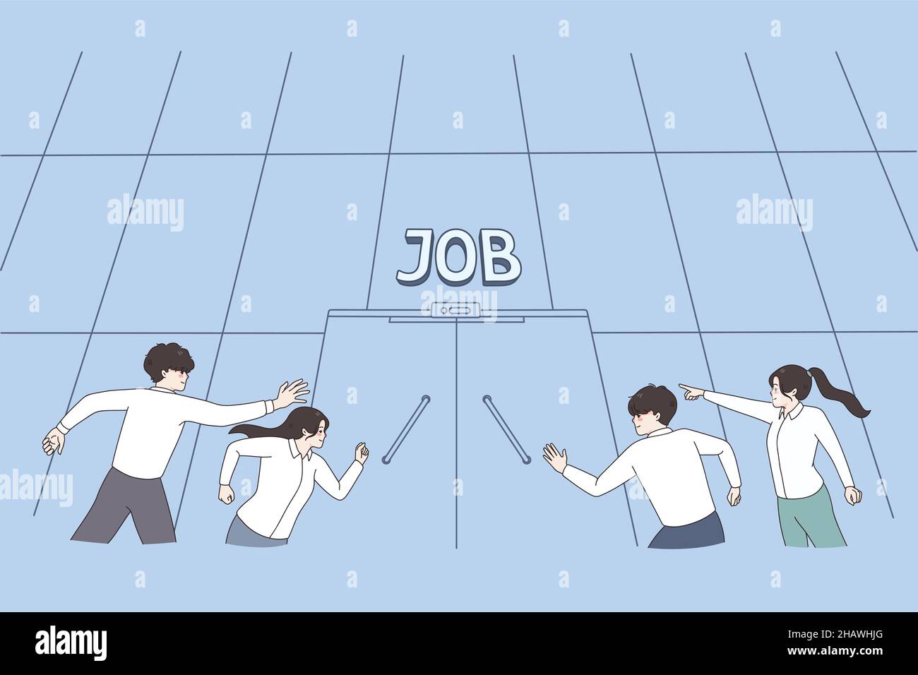 Diverse businesspeople run to office building compete for job opening ...