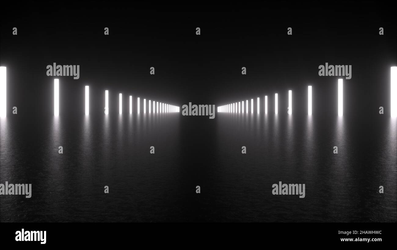 Futuristic corridor with 3d render lighting made of flickering electric ...