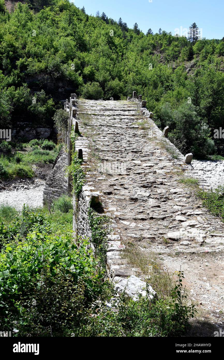Greece, Epirus, medieval stone bridge of Plakidas over dry Voidomatis ...