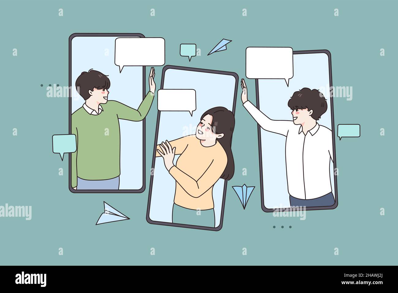 Diverse people communicate online on cellphone text message on internet ...