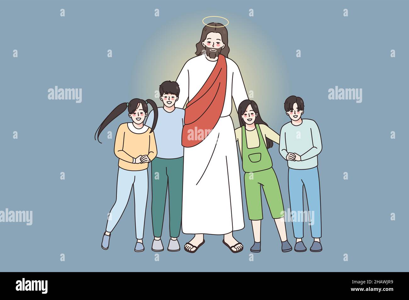 Happy Jesus hug cuddle small smiling children show love and care ...