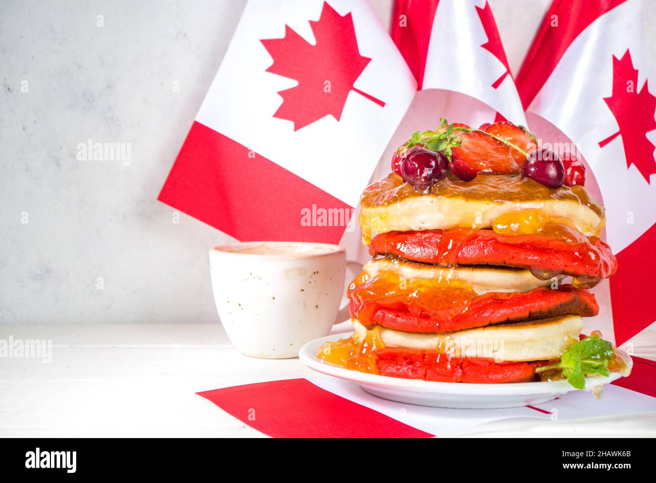 Canada Day concept, brunch menu background. Stack of red and white ...