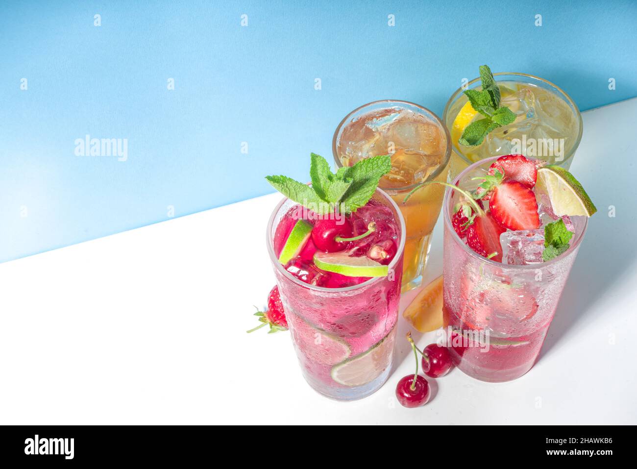 Iced refreshing drink. Bar and cafe beverage menu background. Set of ...