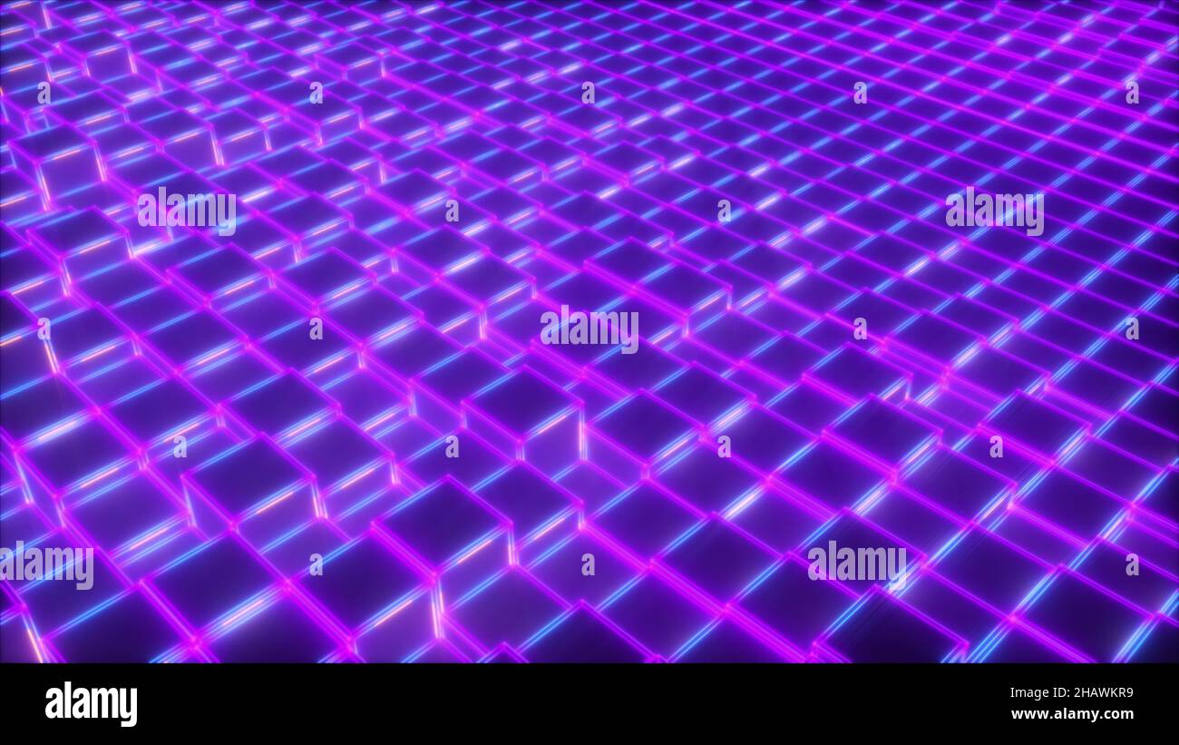 Changing geometric 3d render of landscape of glowing squares. Digital ...
