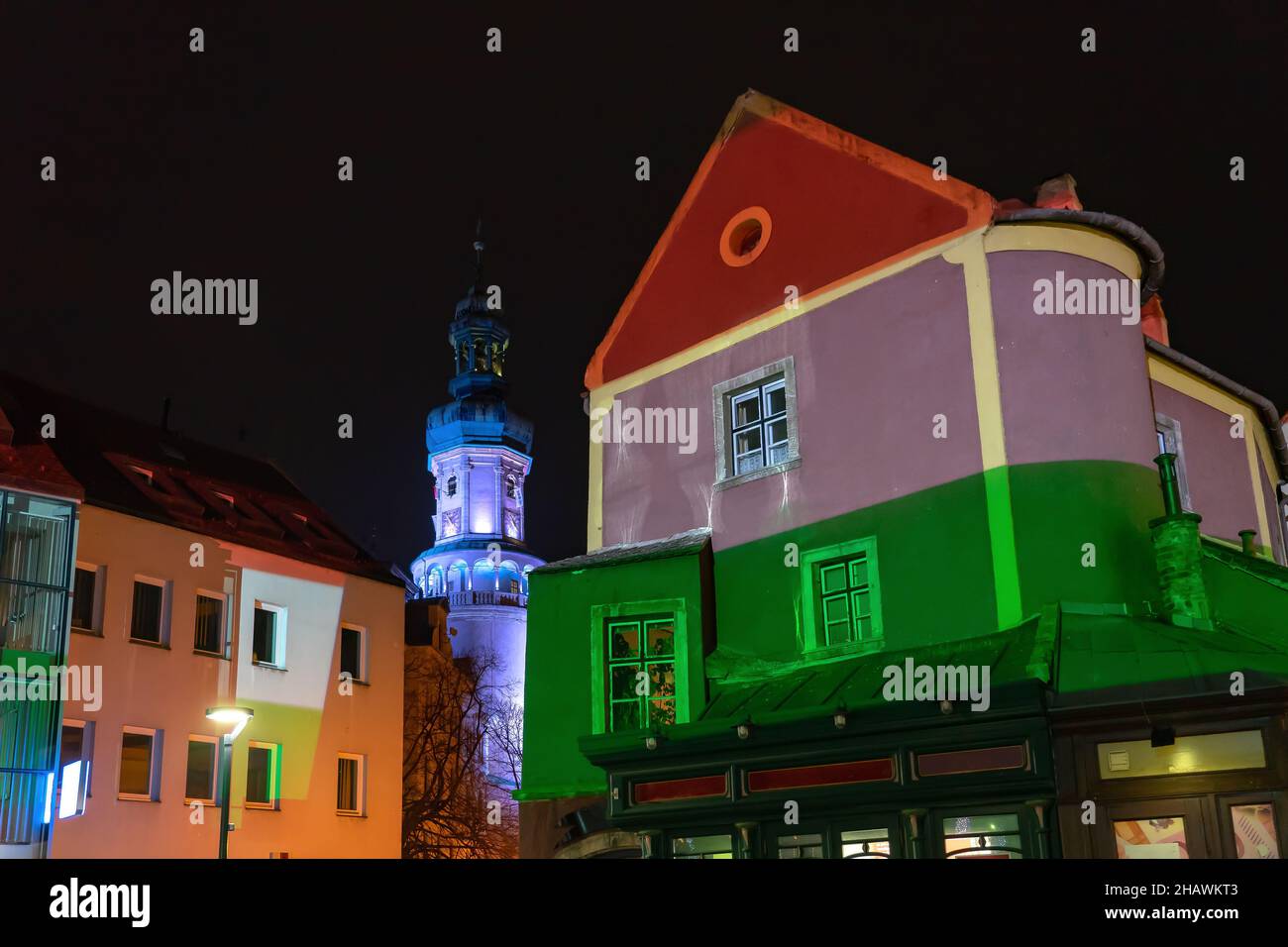 Illuminated building with hngarian tricolor flag Sopron Main Square ...