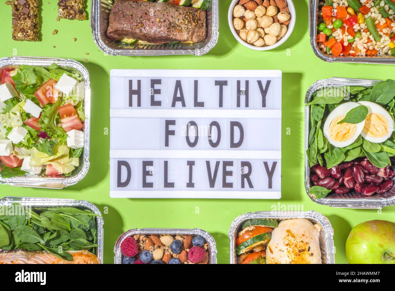 Healthy catering menu, courier food delivery lunch boxes. Beef steak ...