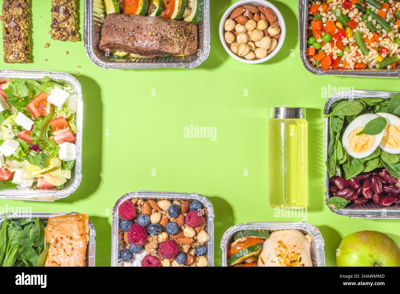 Healthy catering menu, courier food delivery lunch boxes. Beef steak ...