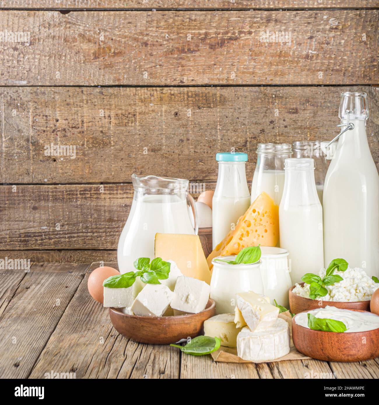 Set of Various Fresh Dairy Products - milk, cottage cheese, cheese ...