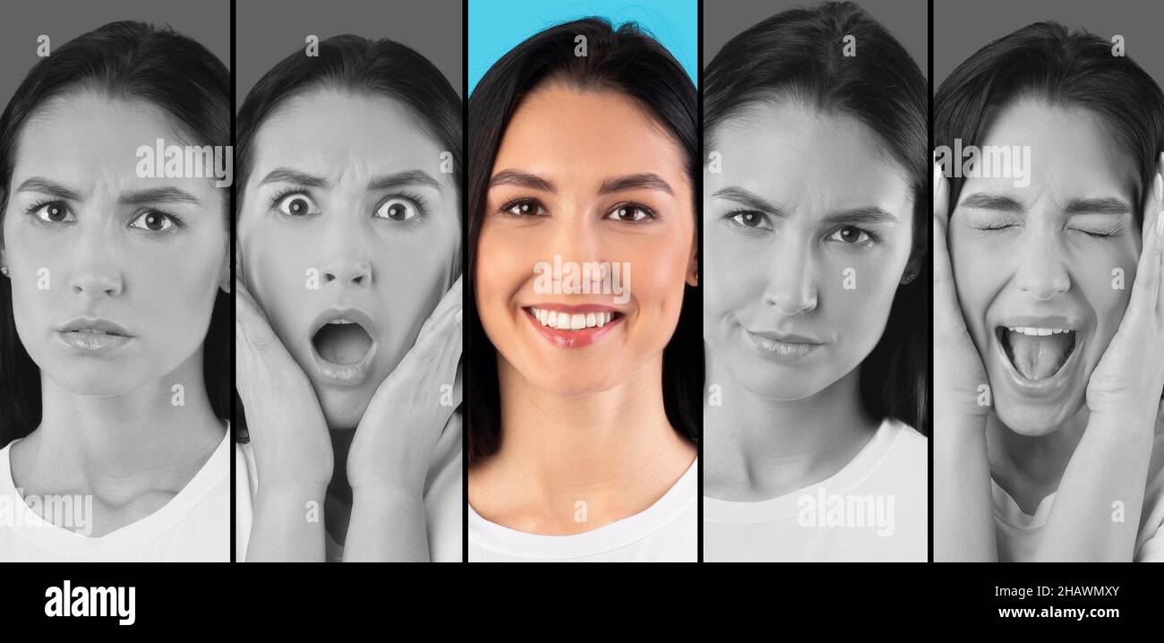 Mood changing. Millennial woman showing various emotions, creative ...