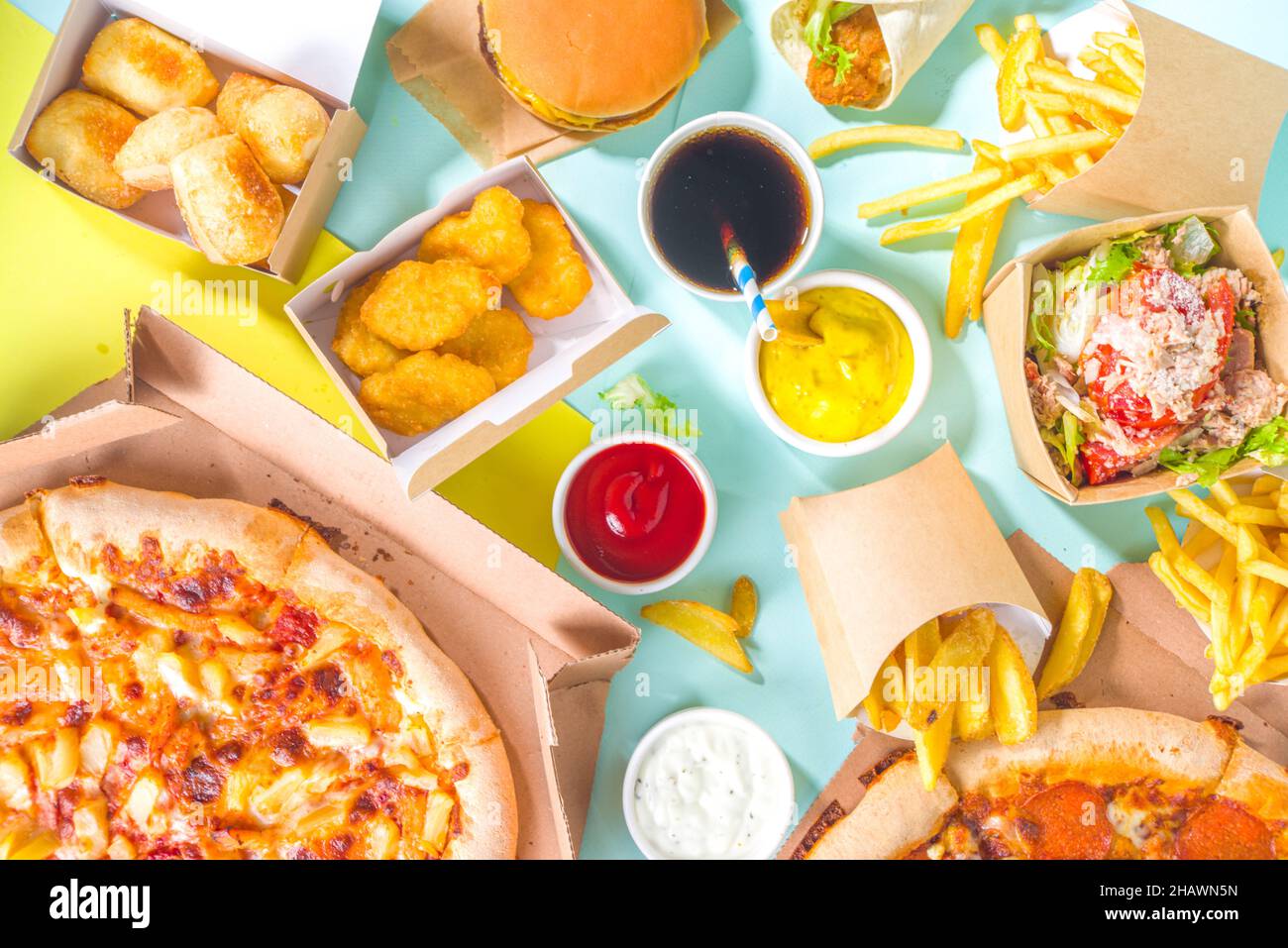 Delivery fastfood ordering food online concept. Large set assorted ...