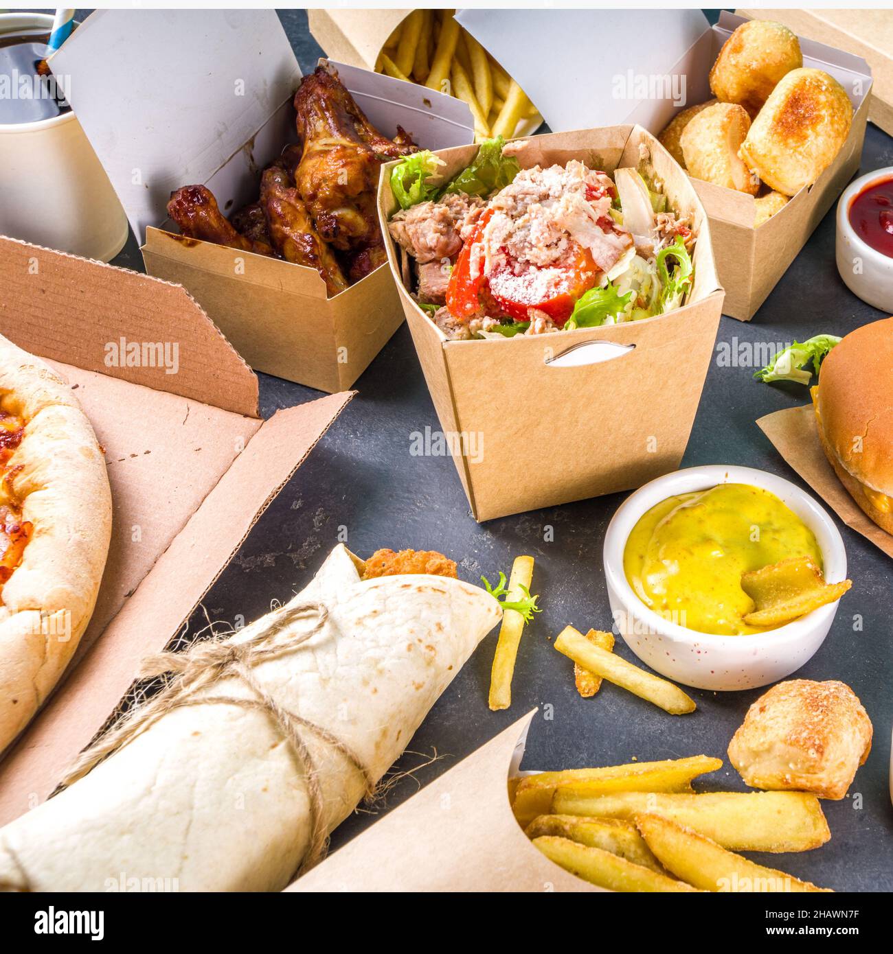 Delivery fastfood ordering food online concept. Large set of assorted ...