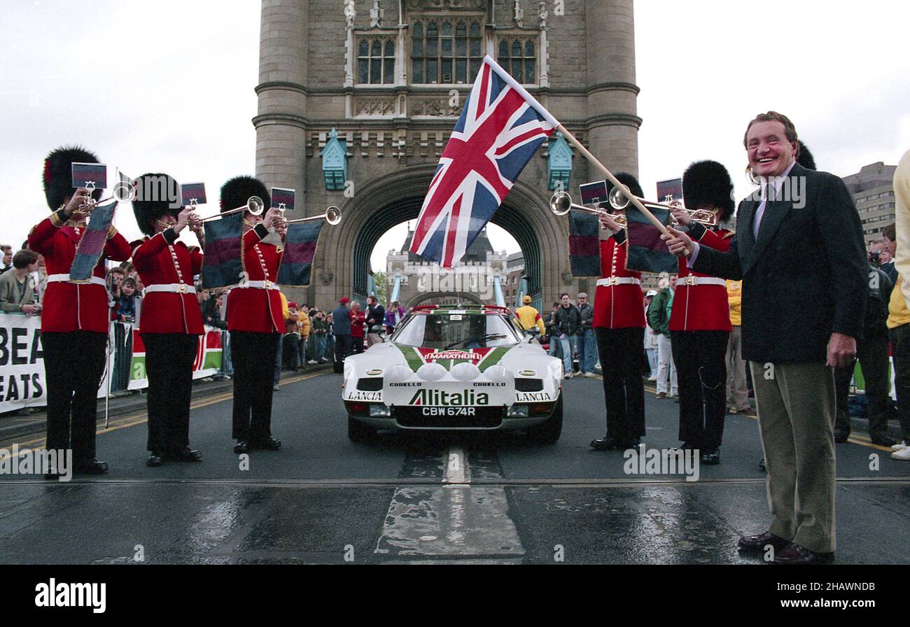 Paddy Hopkirk starting the 1991 Pirelli Classic Marathon historic road ...