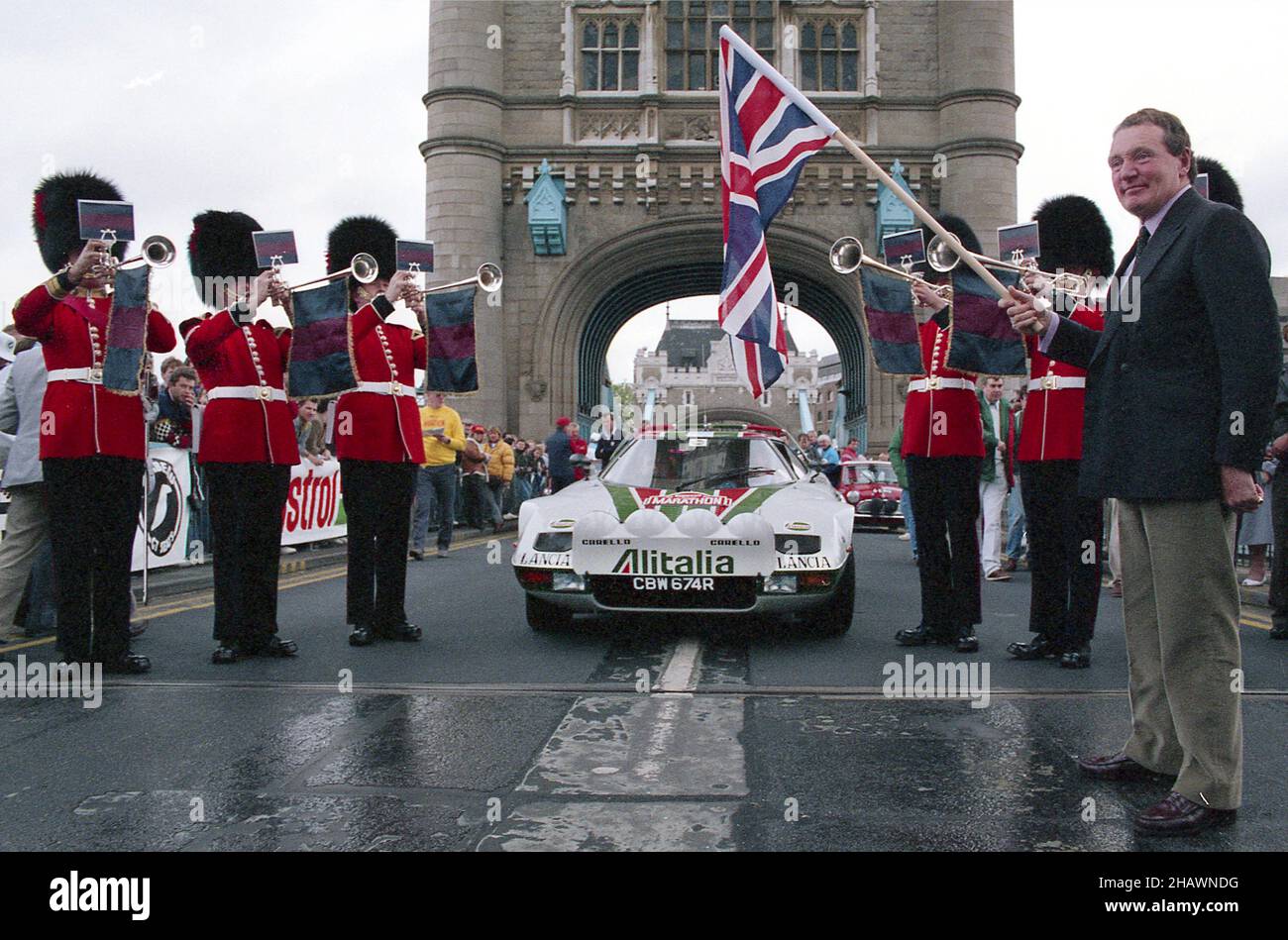 Paddy Hopkirk starting the 1991 Pirelli Classic Marathon historic road ...