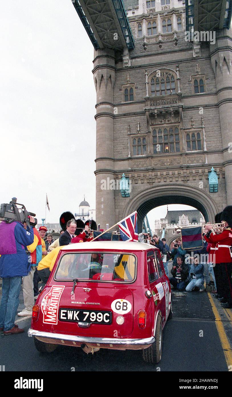 Paddy Hopkirk starting the 1991 Pirelli Classic Marathon historic road ...