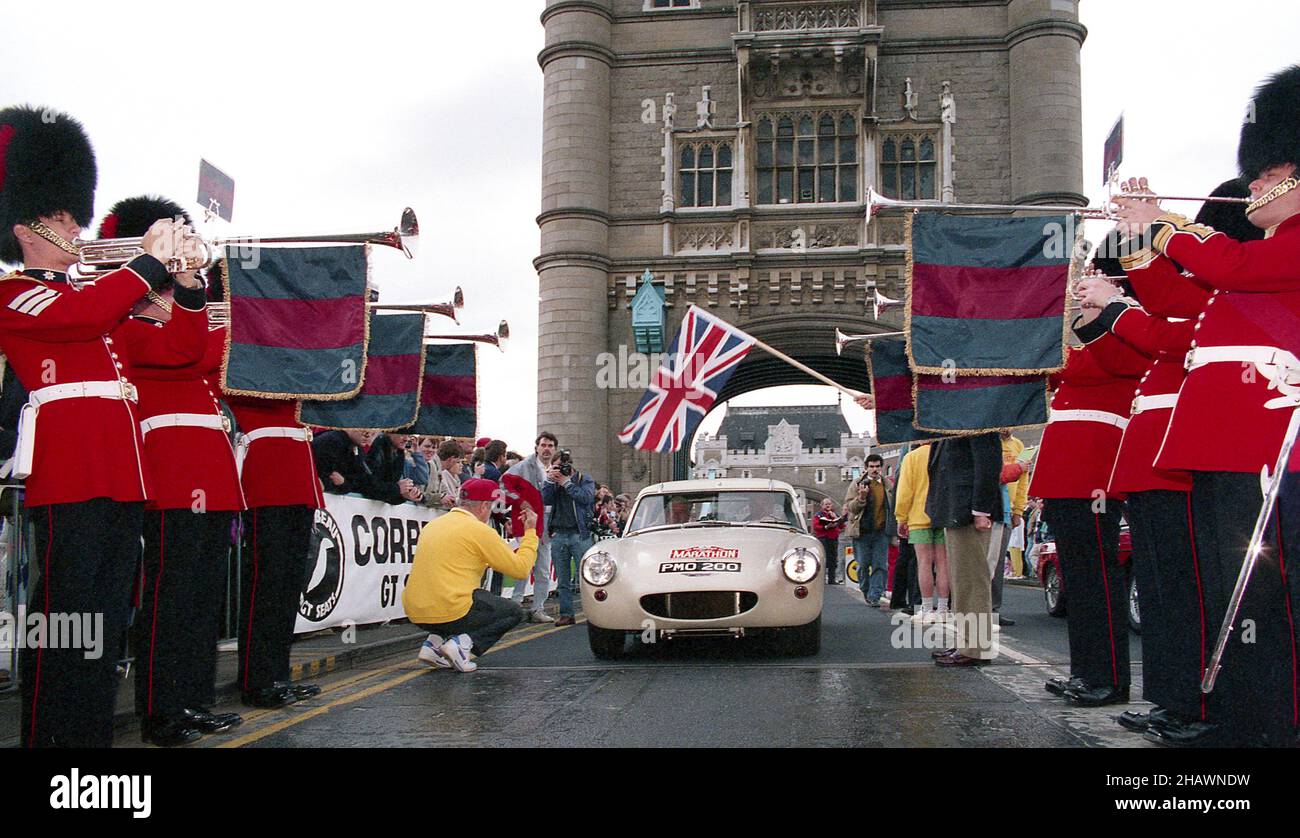 Paddy Hopkirk starting the 1991 Pirelli Classic Marathon historic road ...